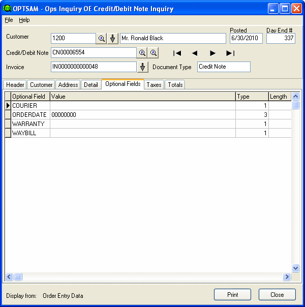 Credit Note Optional Fields Tab