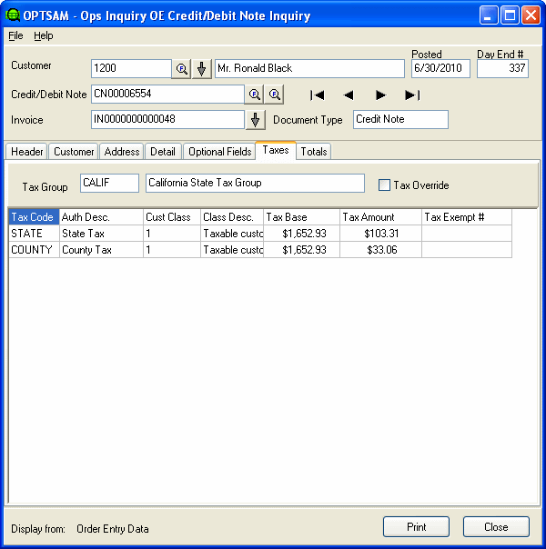 Credit Note Taxes Tab